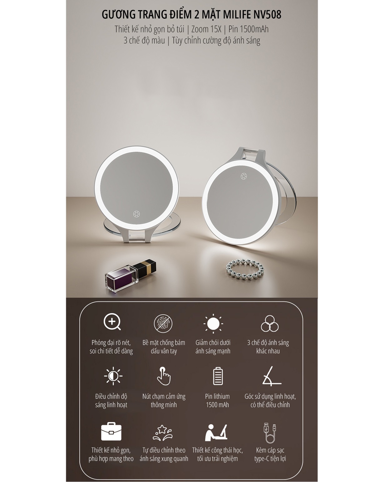 Gương trang điểm Led mini miLife NV508, 3 màu đèn, zoom 15x, pin ...