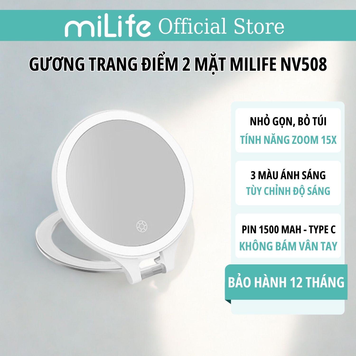 Gương trang điểm Led mini miLife NV508, 3 màu đèn, zoom 15x, pin ...