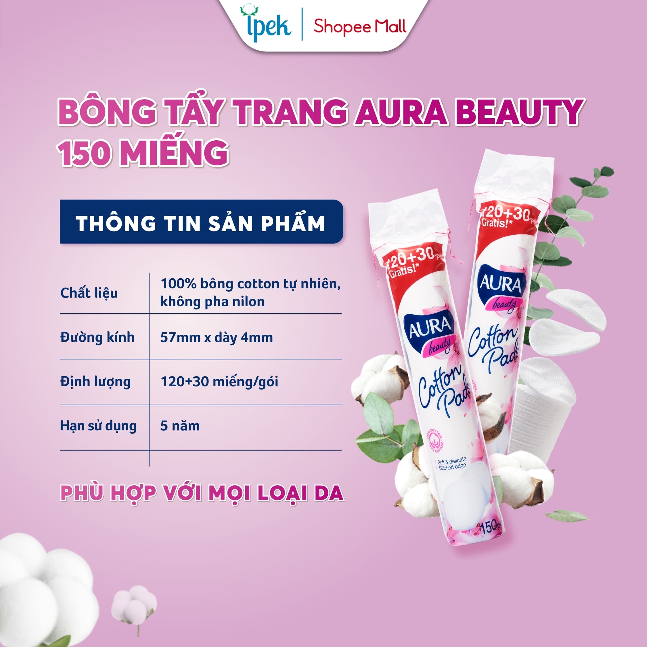 [Đơn 150k tặng 1 mặt nạ] Combo 5 gói bông tẩy trang Aura Beauty Cotton ...