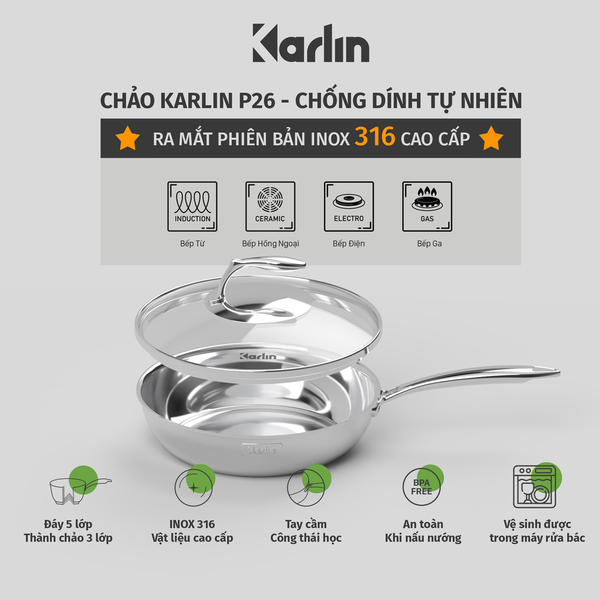 Chảo Inox 316 Chống Dính KARLIN P26, Đáy 5 Lớp, 26cm Lòng Sâu, Không ...
