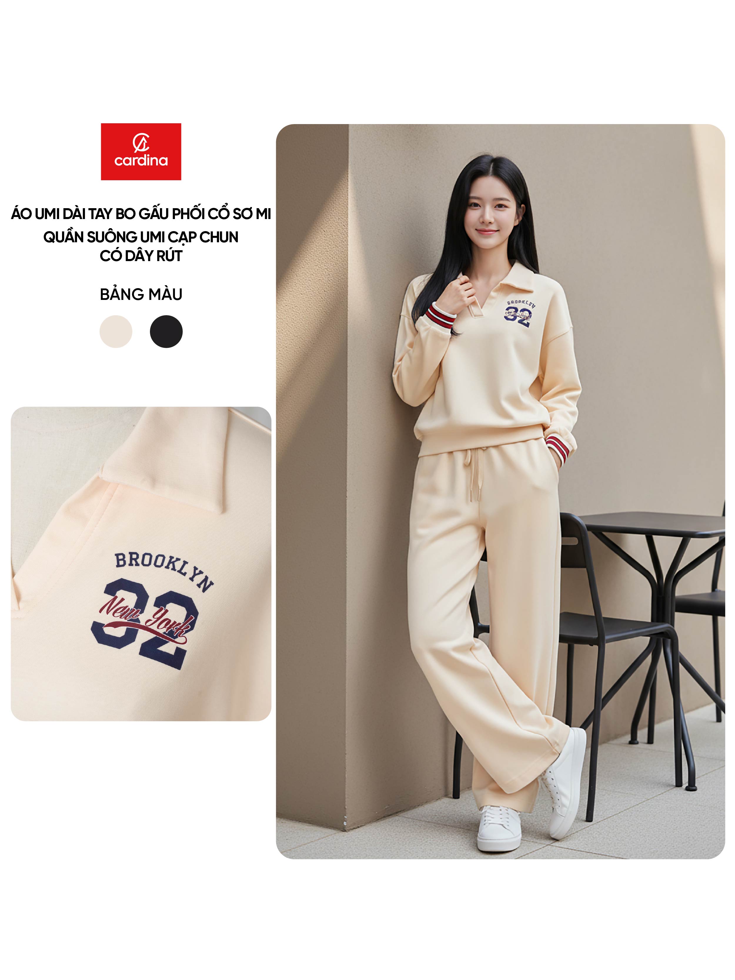 Đồ bộ nữ CARDINA tách sét vải umi áo phối cổ sơ mi bo gấu dài tay và ...