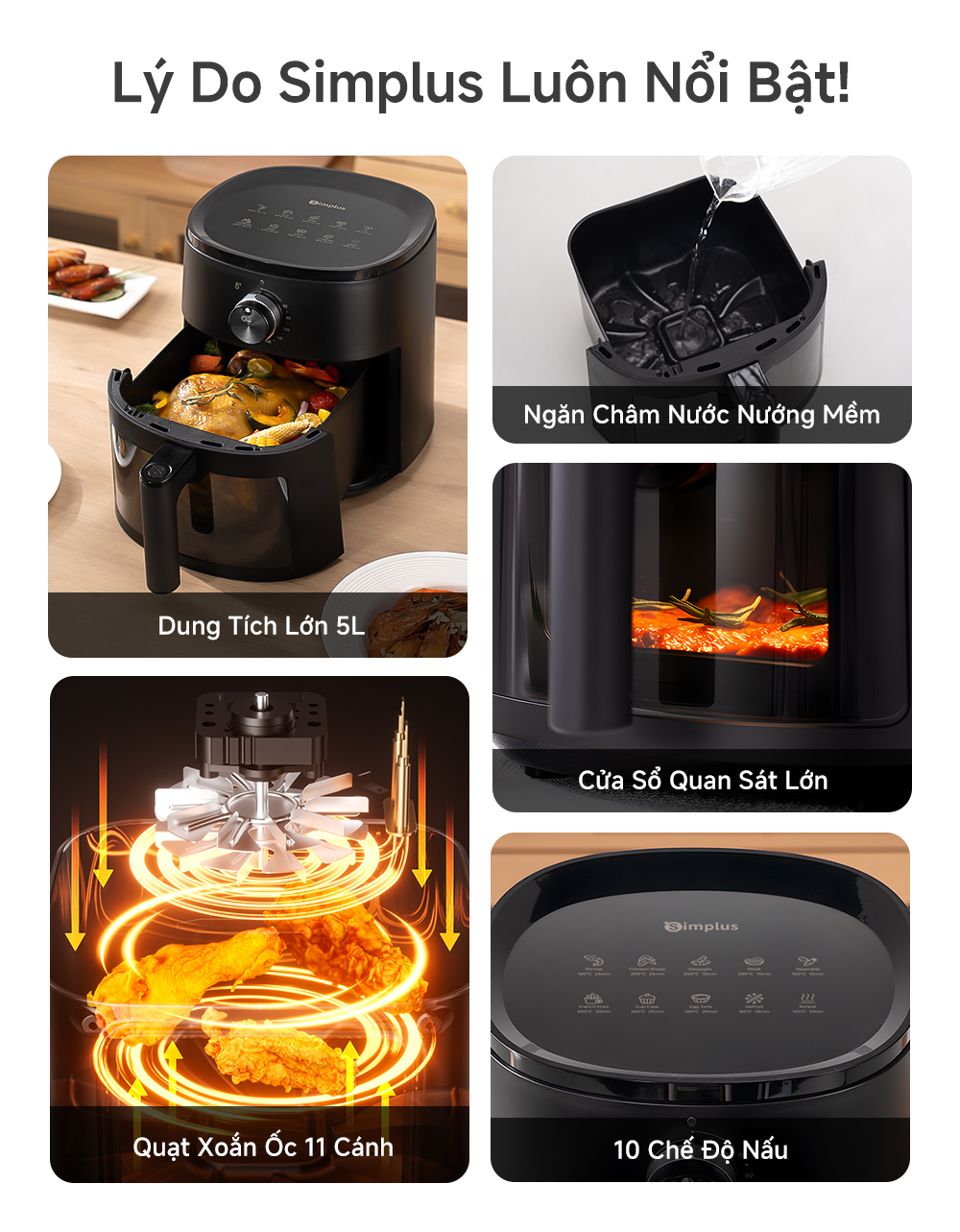 Nồi chiên không dầu Simplus 5L Sức chứa cho cả gia đình, Đa năng, Ít ...