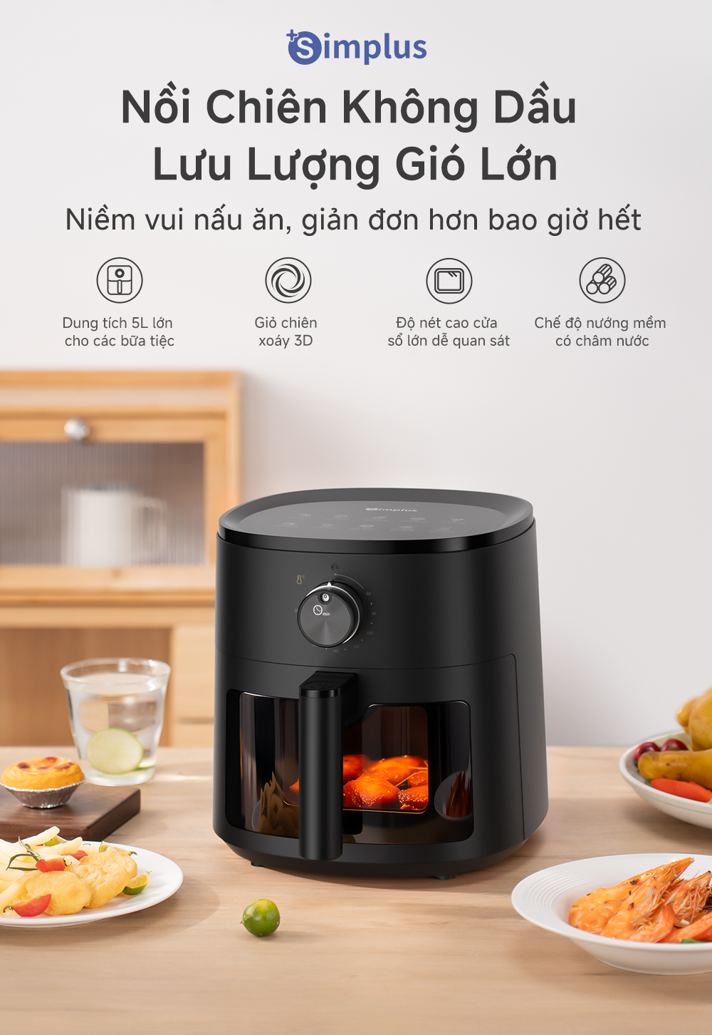 Nồi chiên không dầu Simplus 5L Sức chứa cho cả gia đình, Đa năng, Ít ...