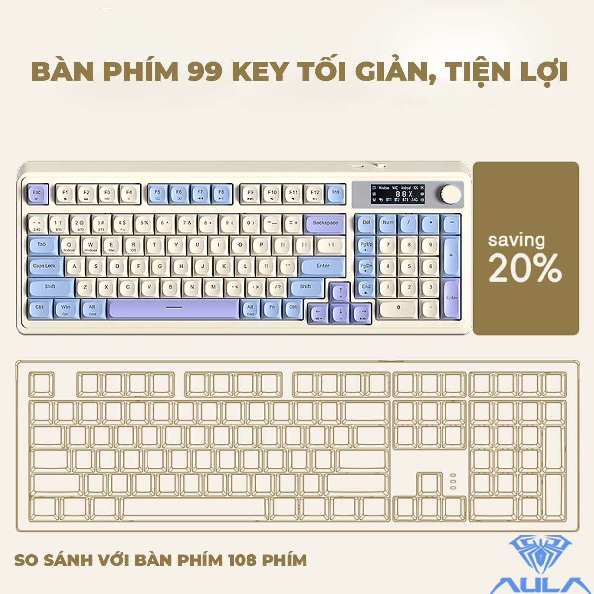 Bàn phím giả cơ gaming 3 mode kết nối AULA S99 PRO gõ tiếng êm, màn ...