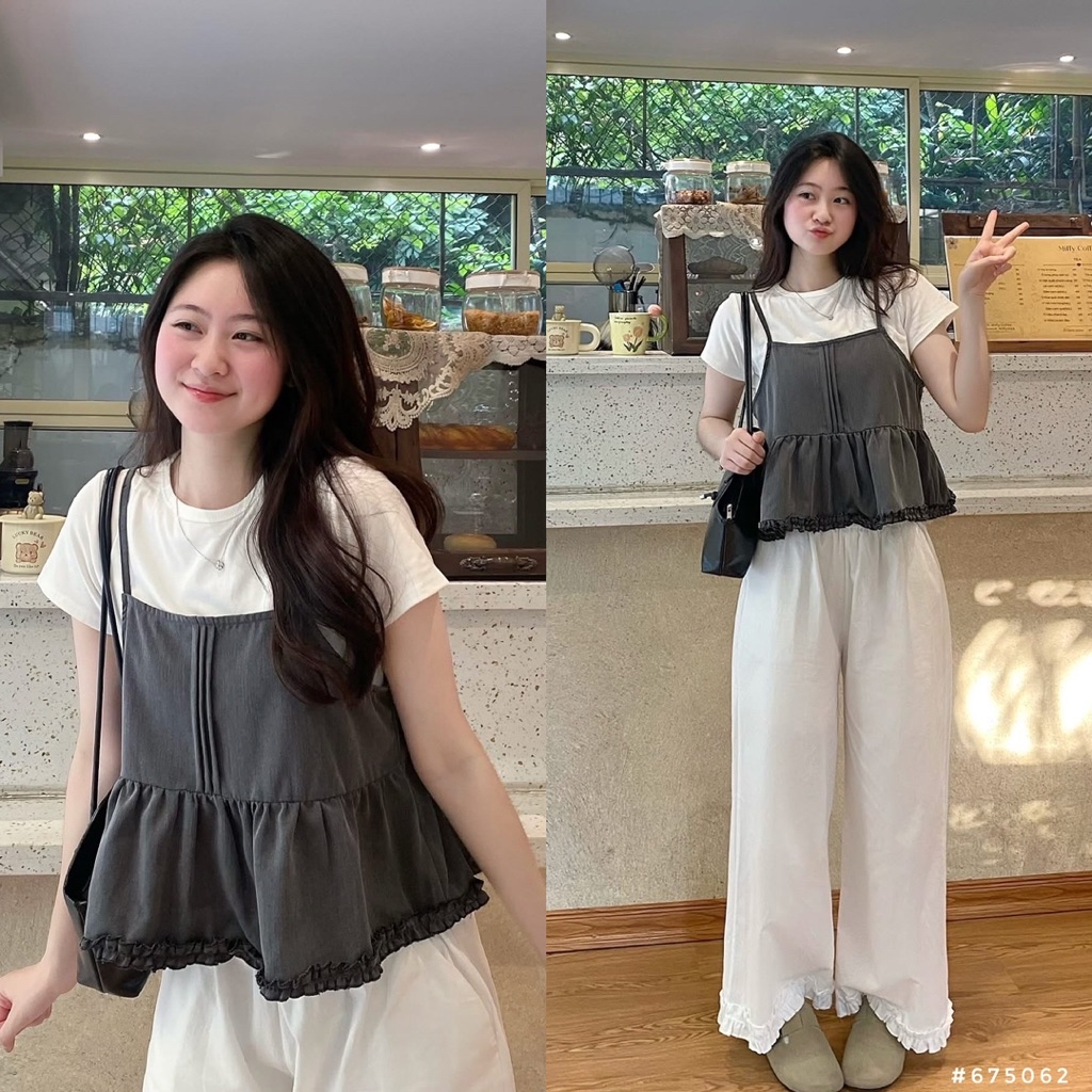 Set áo yếm viền bèo + áo thun dễ thương #675062 | Shopee Việt Nam