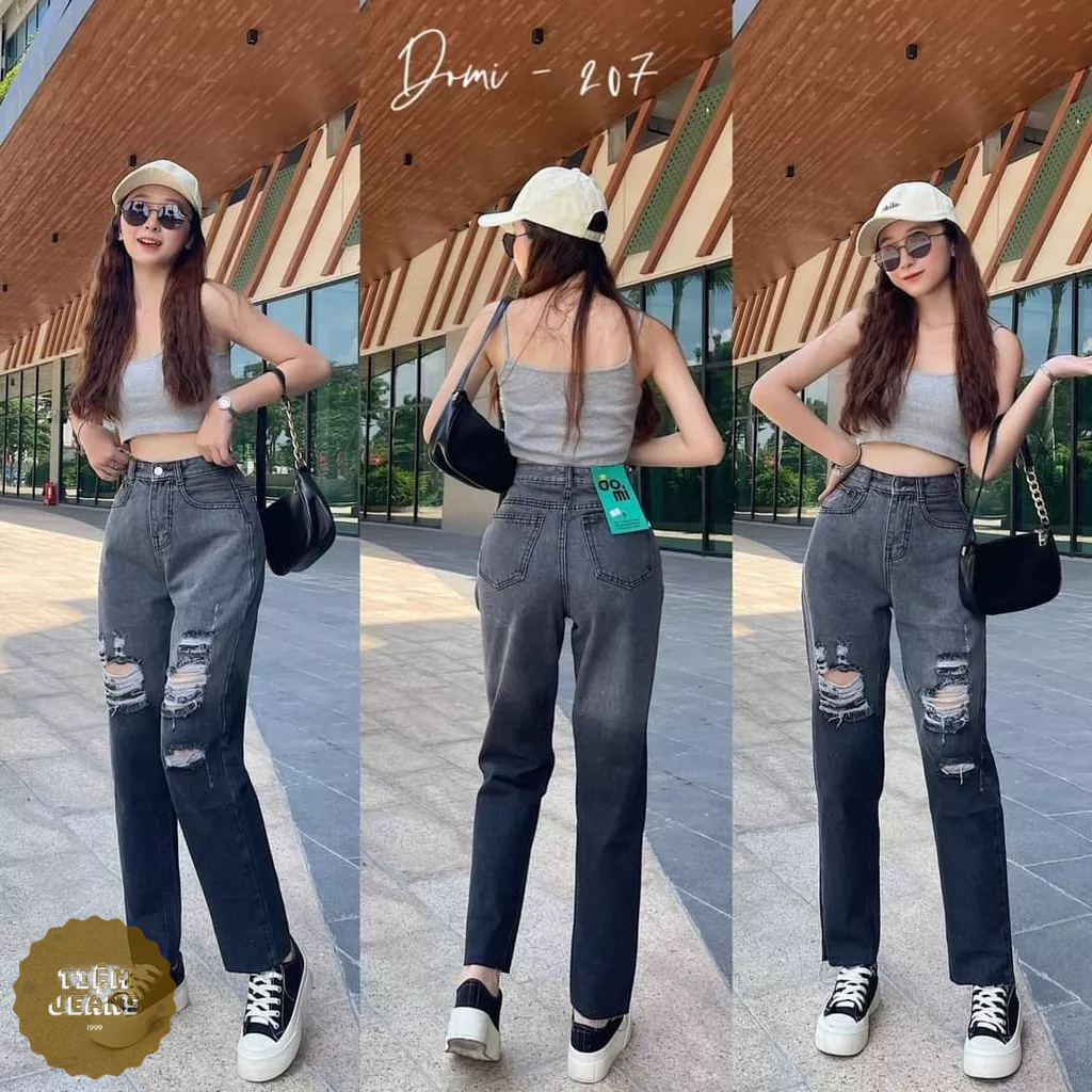 Quần baggy jean nữ loang màu rách kiểu cá tính, Quần bò cạp cao chất ...