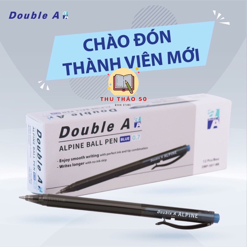 [ HỘP 12C MẪU CŨ ] Bút bi Double A ALPINE vỏ đen nét 0.7mm mực xanh ...