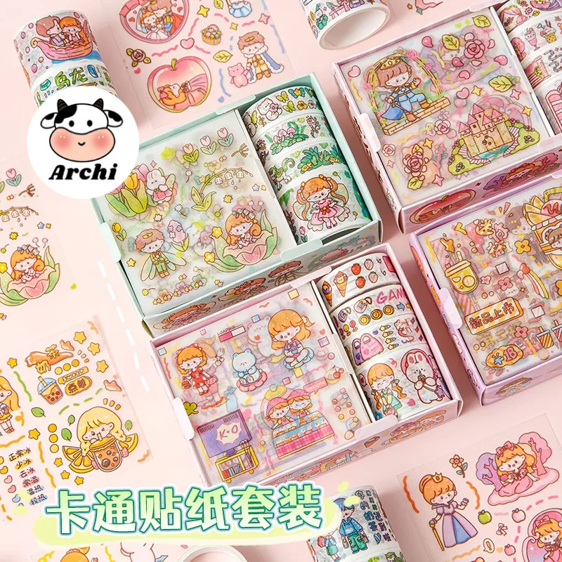 Hộp 8 món băng keo dính Washi tape + sticker dán trang trí sổ lưu niệm ...