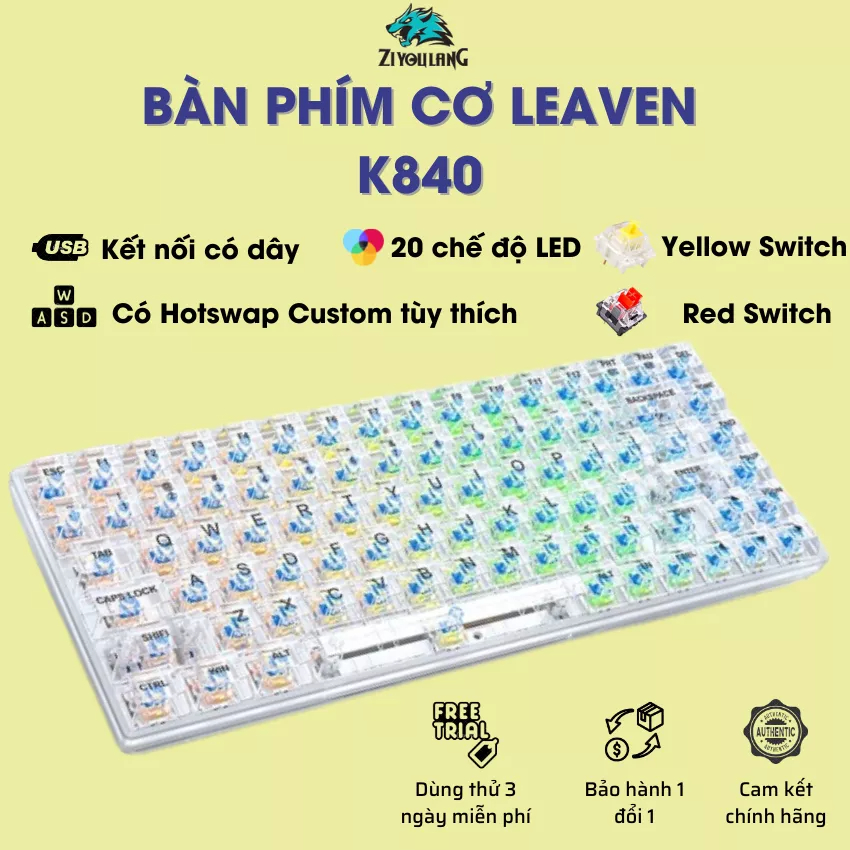 Bàn phím cơ Gaming TKL trong suốt K840 84 phím - 20 chế độ LED Rainbow - Hot-swap - Red/Yellow ...
