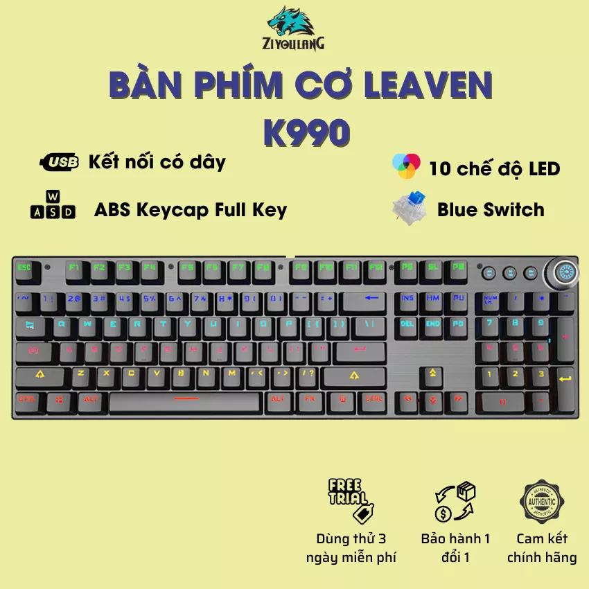 Bàn phím cơ Gaming Leaven K990 - LED RGB Rainbow - Chống nước - Chống bụi - Blue Switch - Bảo ...