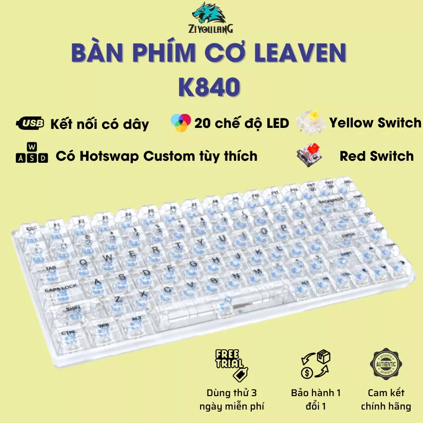 Bàn phím cơ Gaming TKL trong suốt K840 84 phím - 20 chế độ LED Rainbow - Hotswap - Red/Yellow ...