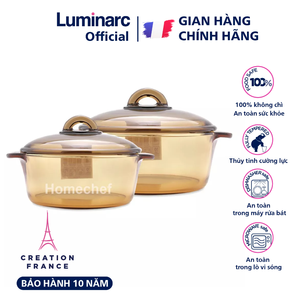 Bộ 2 nồi thủy tinh Luminarc 1L+ 2L -LAVI6P0, sản xuất tại Pháp, dùng bếp ga, hồng ngoại, thủy ...