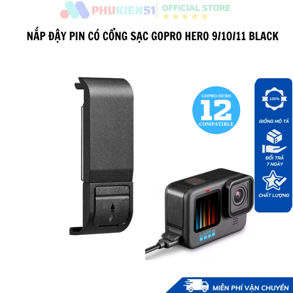Nắp đậy pin GoPro Hero 12 11 10 9 Black có cổng sạc rời và miếng cao su ...