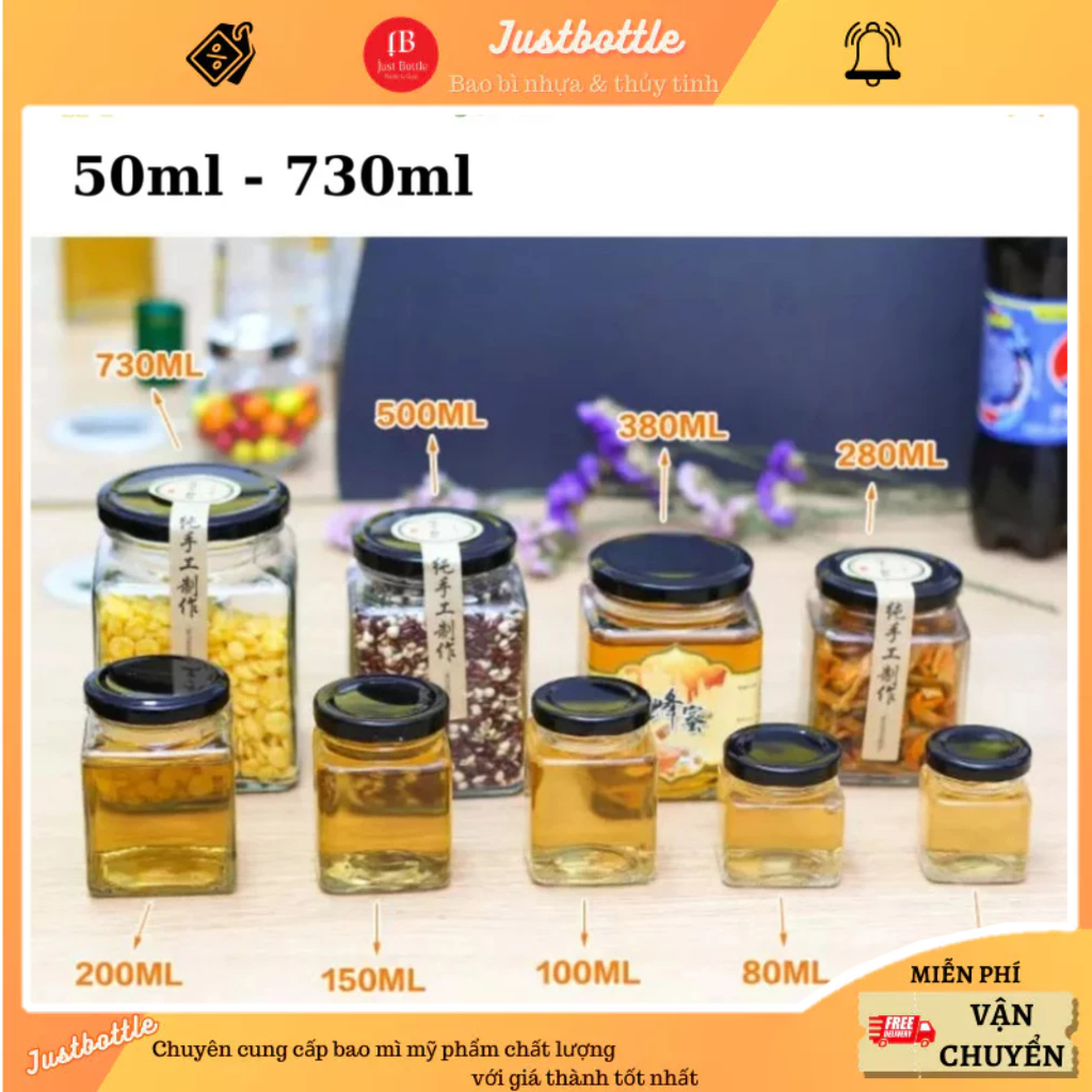 HỦ THỦY TINH VUÔNG - LỤC GIÁC - TRÒN có nắp đậy kín hơi 50ml 100ml 200ml 280ml 380ml 500ml 730ml ...