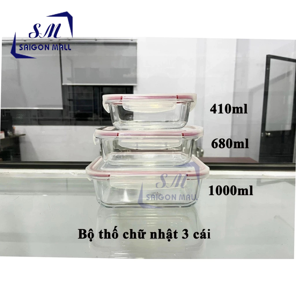 Bộ 3 hộp thủy tinh đựng thực phẩm 3 size / 3 hộp thủy tinh đựng thức ăn 410ml / 680ml / 1 lít ...