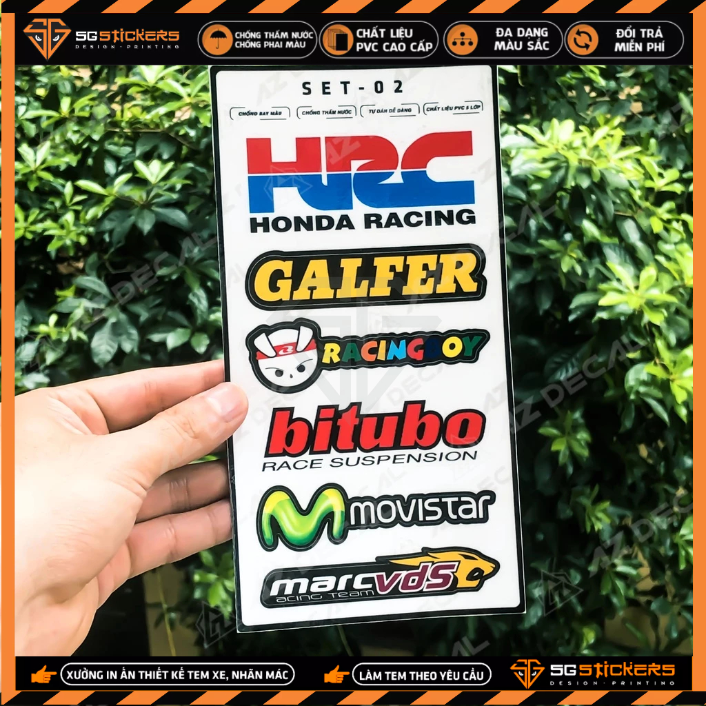 Sticker Hình Logo Movistar, Racing Boy, HRC, Galfer, Bitubo, Marc VDS ...