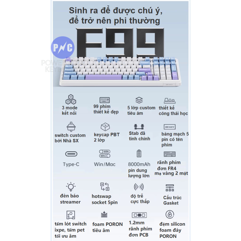 Bàn phím cơ không dây Aula F99 Pro, Silent, RGB, Gasket custom 5 lớp, 3 ...