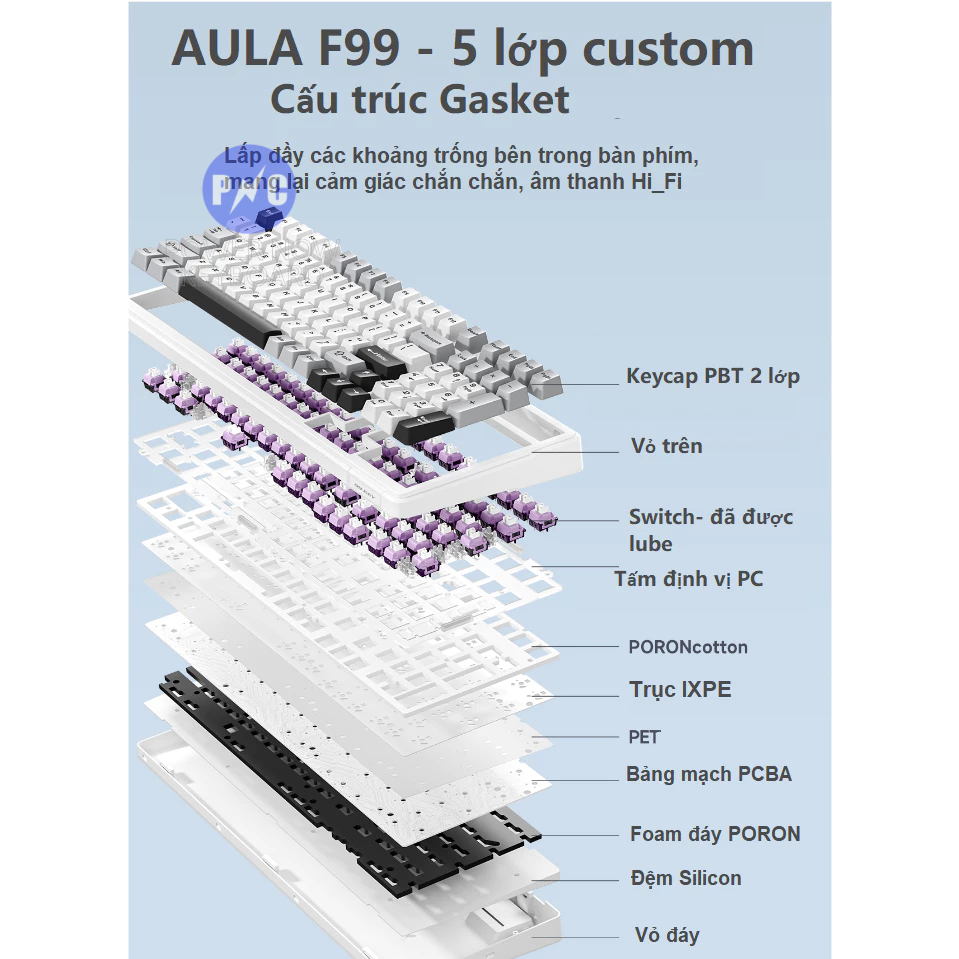 Bàn phím cơ không dây Aula F99 Pro, Silent, RGB, Gasket custom 5 lớp, 3 Modes, Hotswap 5 pin, 99 ...