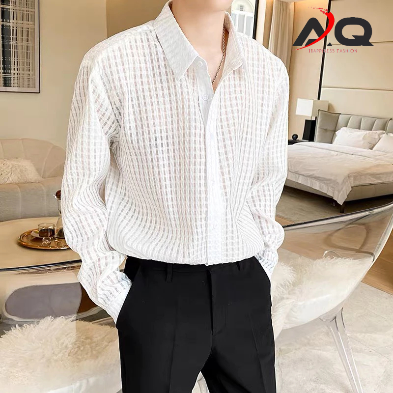Áo Sơ Mi Tay Dài Lưới Sơ Mi Soái Ca Chất Vải Xốp Cotton Lưới Mặc Mát đi Biển đi Du Lịch Aq