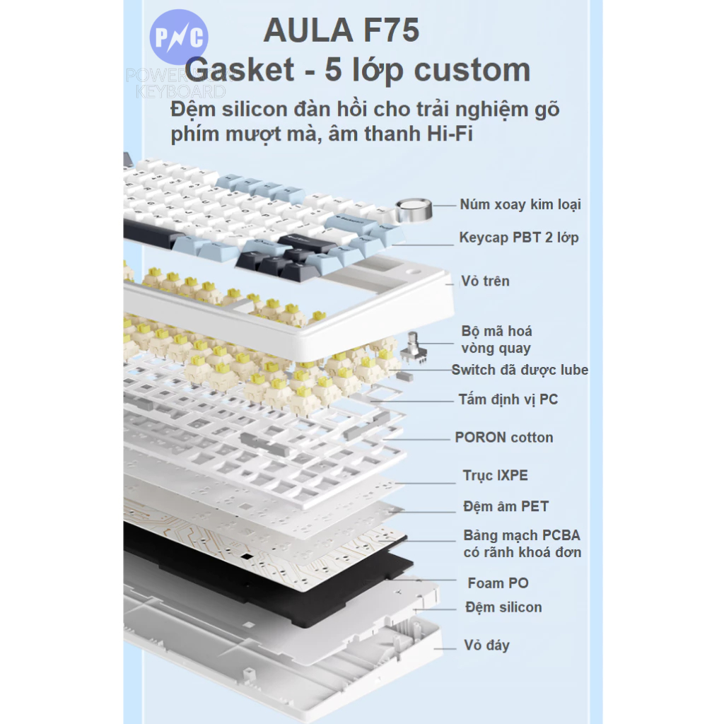 Bàn phím cơ không dây Aula F75 Pro, Silent, Hotswap 5 pin, 3 Modes, Led RGB & Đơn sắc Gasket 5 ...