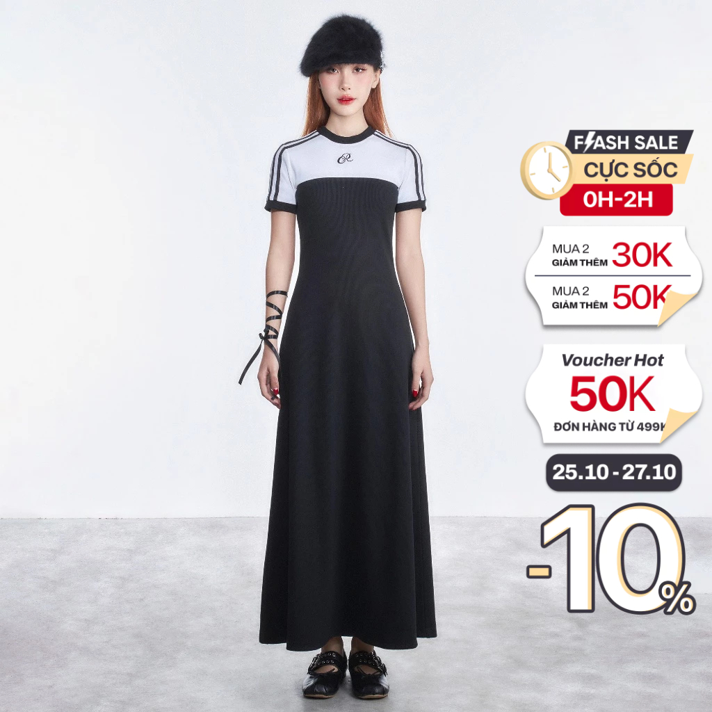 CARA Đầm thun dài cá tính Loona cổ tròn tay ngắn phối sọc trắng đen ...