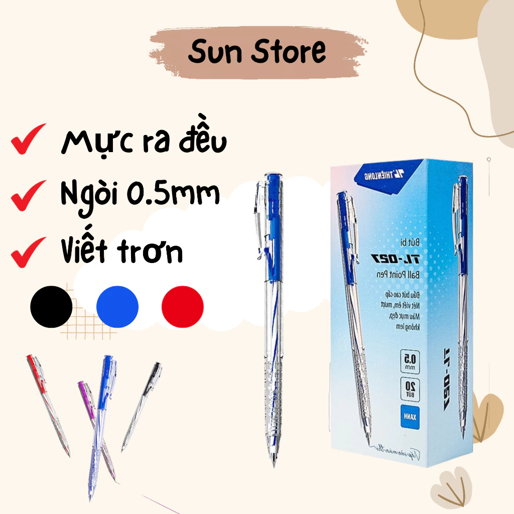 Hộp 12 bút bi Thiên Long TL-027 chính hãng ngòi 0.5mm màu đen đỏ xanh ...