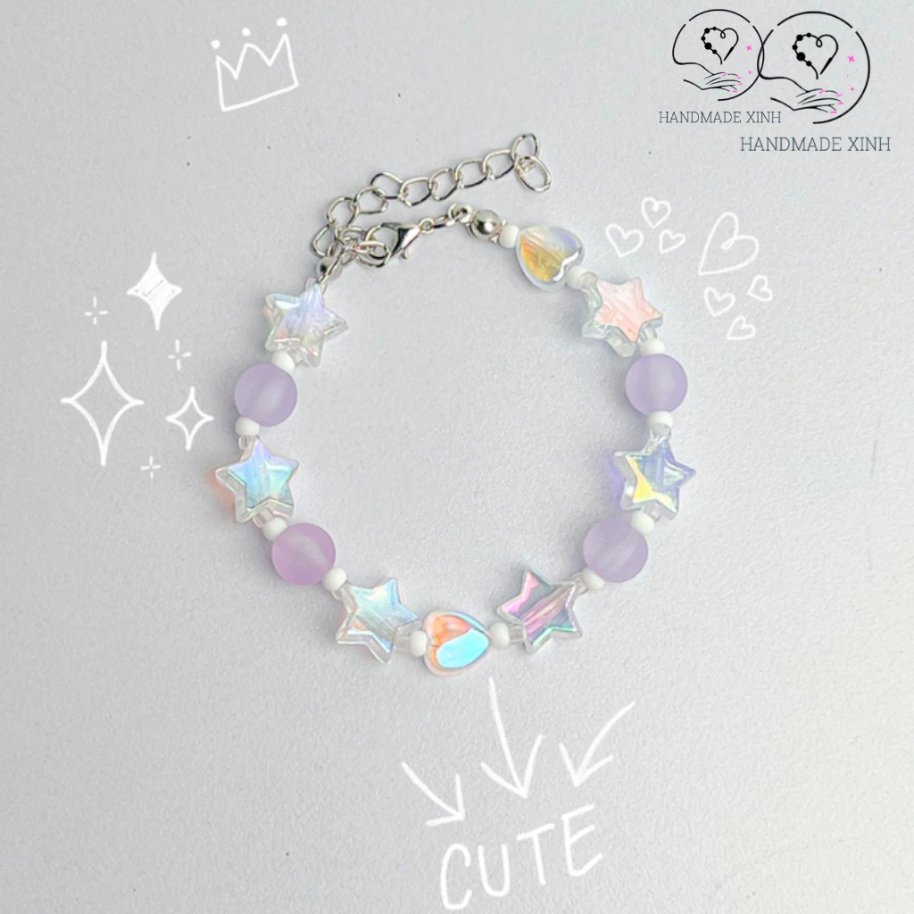 Vòng tay handmade nữ tự làm, đan dây hạt cườm mix ngôi sao tím tròn ...