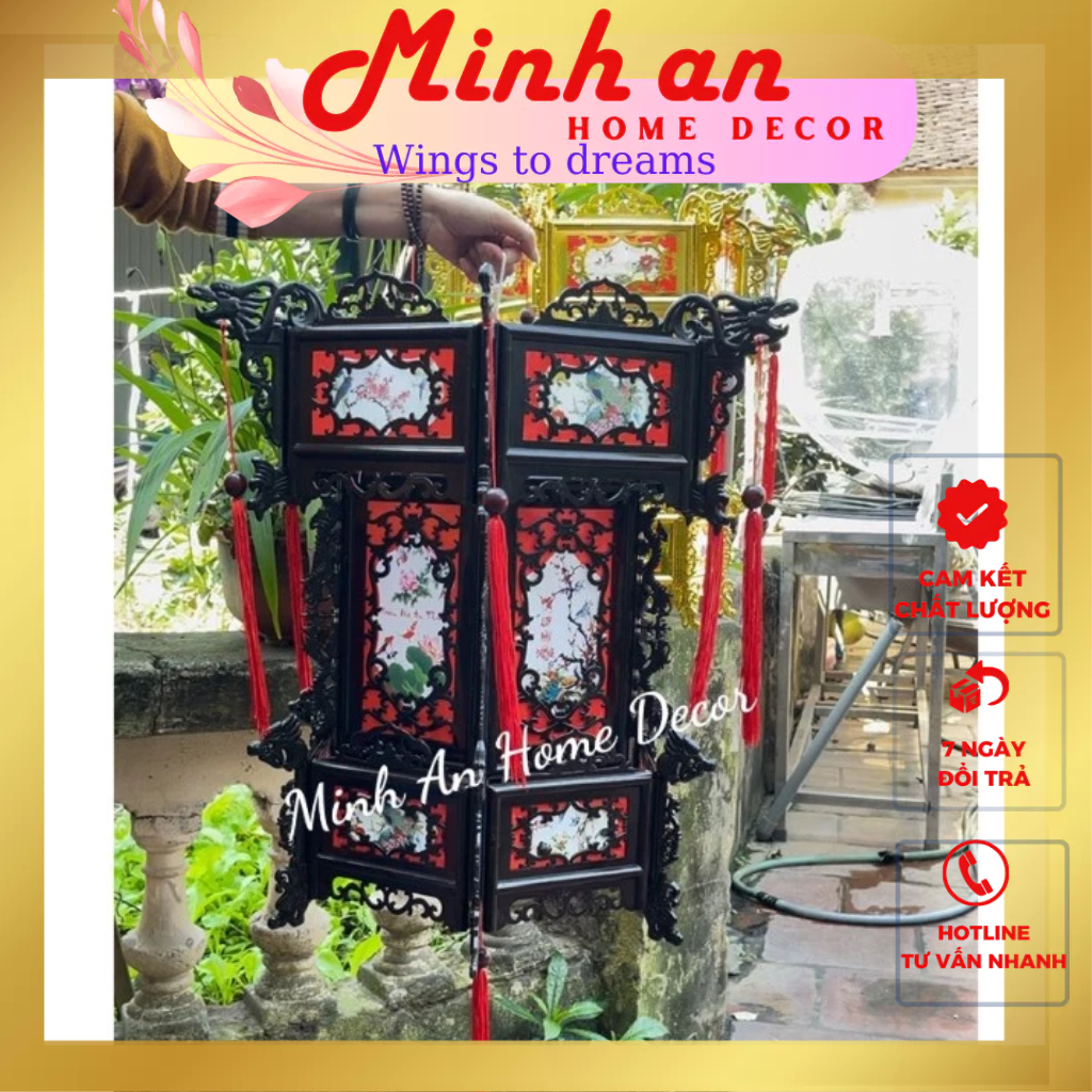 Đèn lồng nhựa, đèn giả gỗ lục giác 6 cạnh in hoa văn nhiều size MINHAN ...
