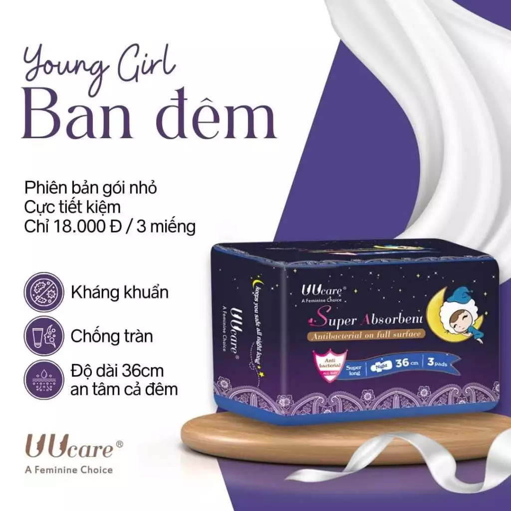 Băng Vệ Sinh Kháng Khuẩn Ban Đêm UUcare Young Girl 36cm 3 miếng (Đóng ...
