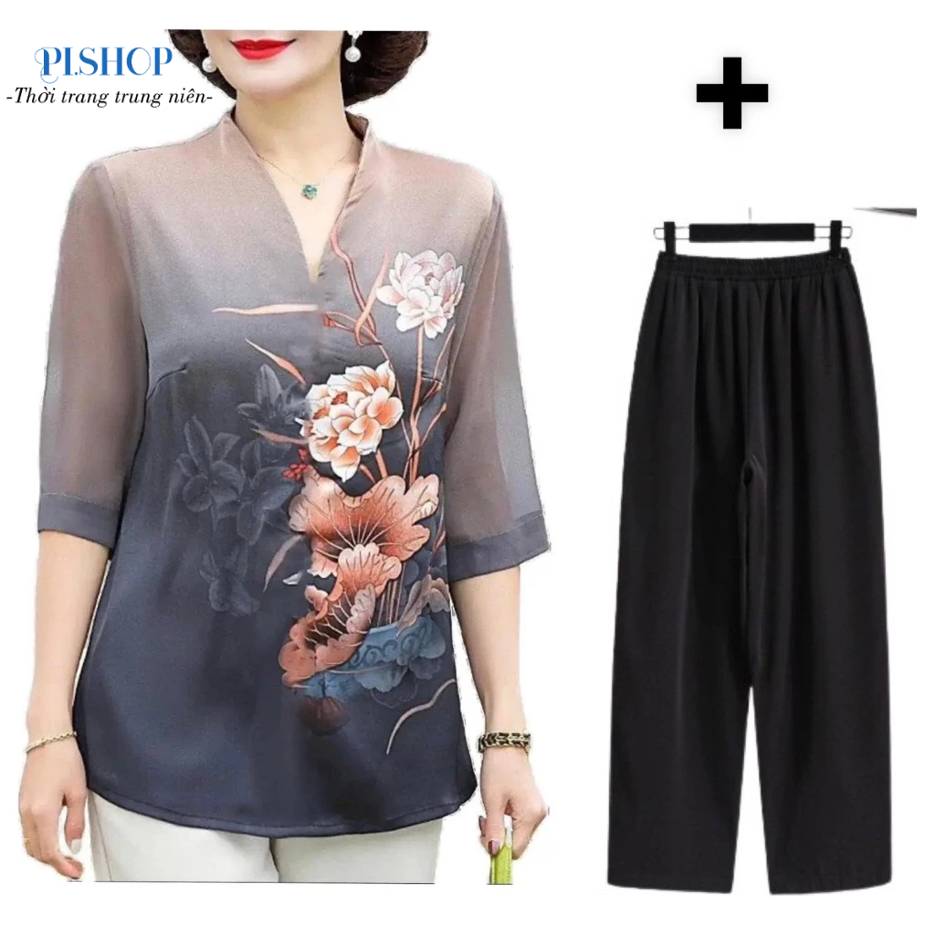 Set Đồ Bộ Trung Niên Nữ Cho Mẹ Bà Kiểu Dáng Thanh Lịch Quý Phái Gồm