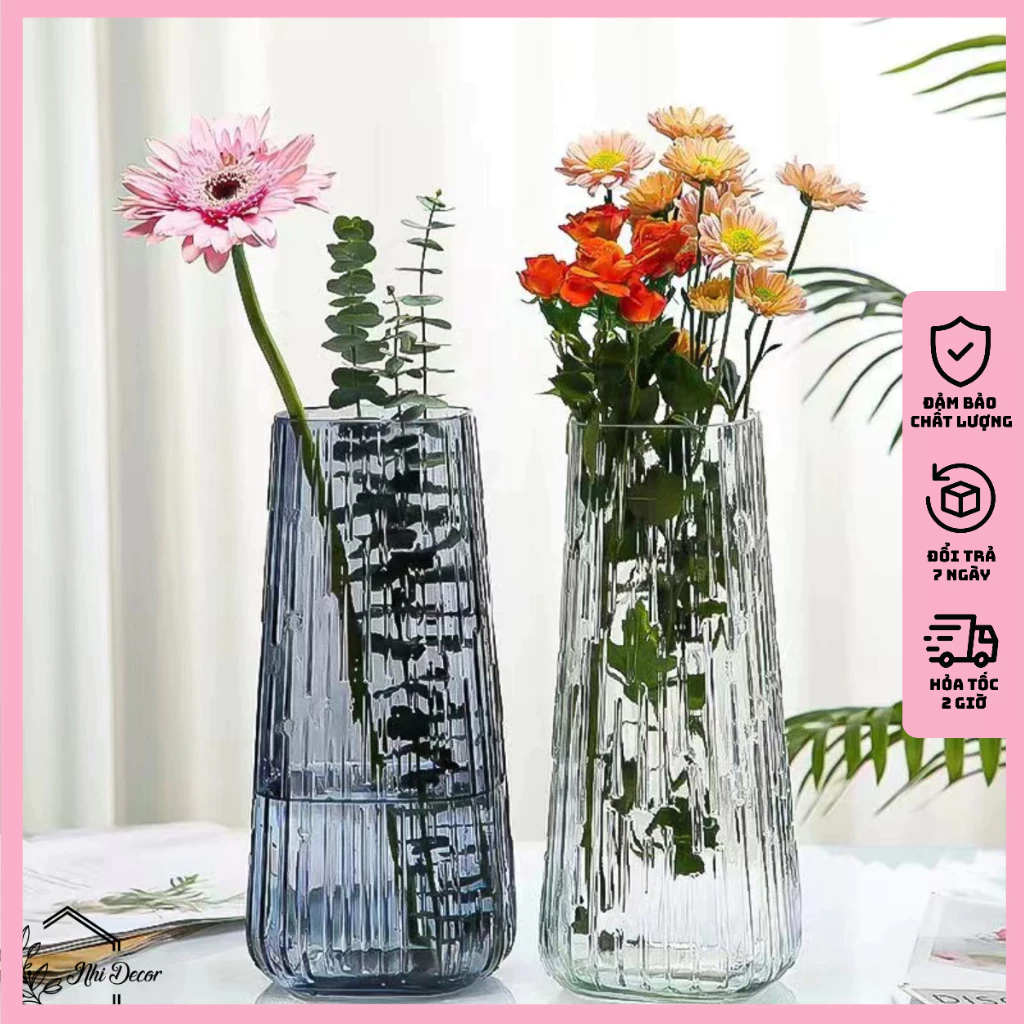 Bình hoa, lọ hoa thủy tinh decor để bàn vân dọc 27cm trang trí, chụp ...