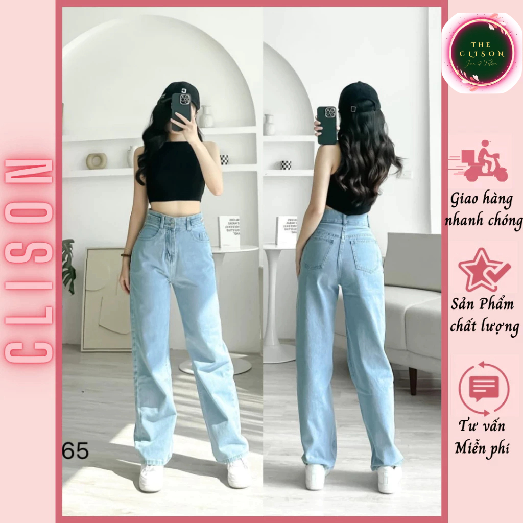 Q365 Quần Jean ống suông rộng lưng cao 2 nút CLISON CLINIC cách điệu ...