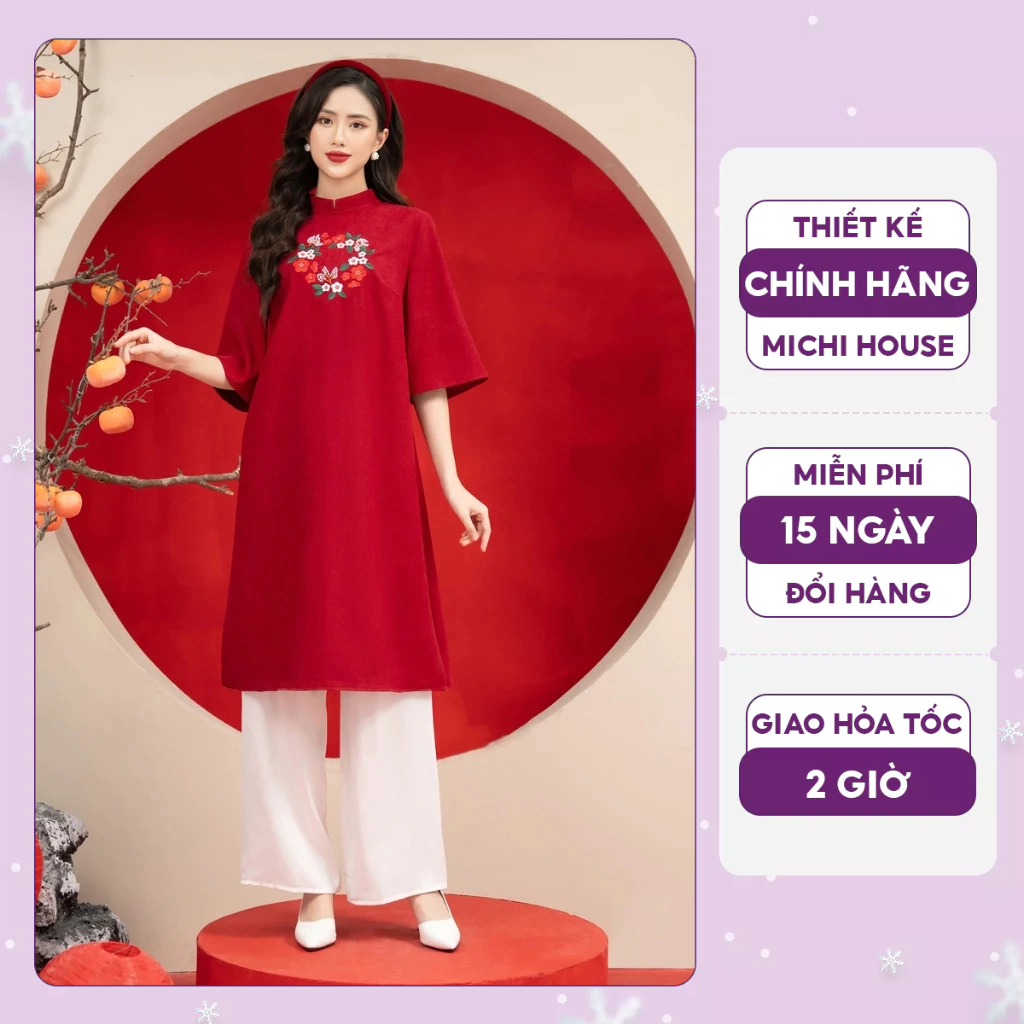 Áo Dài Tết Cách Tân Suông A Dáng Dài Qua Gối Michi House Váy Xuông Màu Đỏ Phong Cách Truyền ...