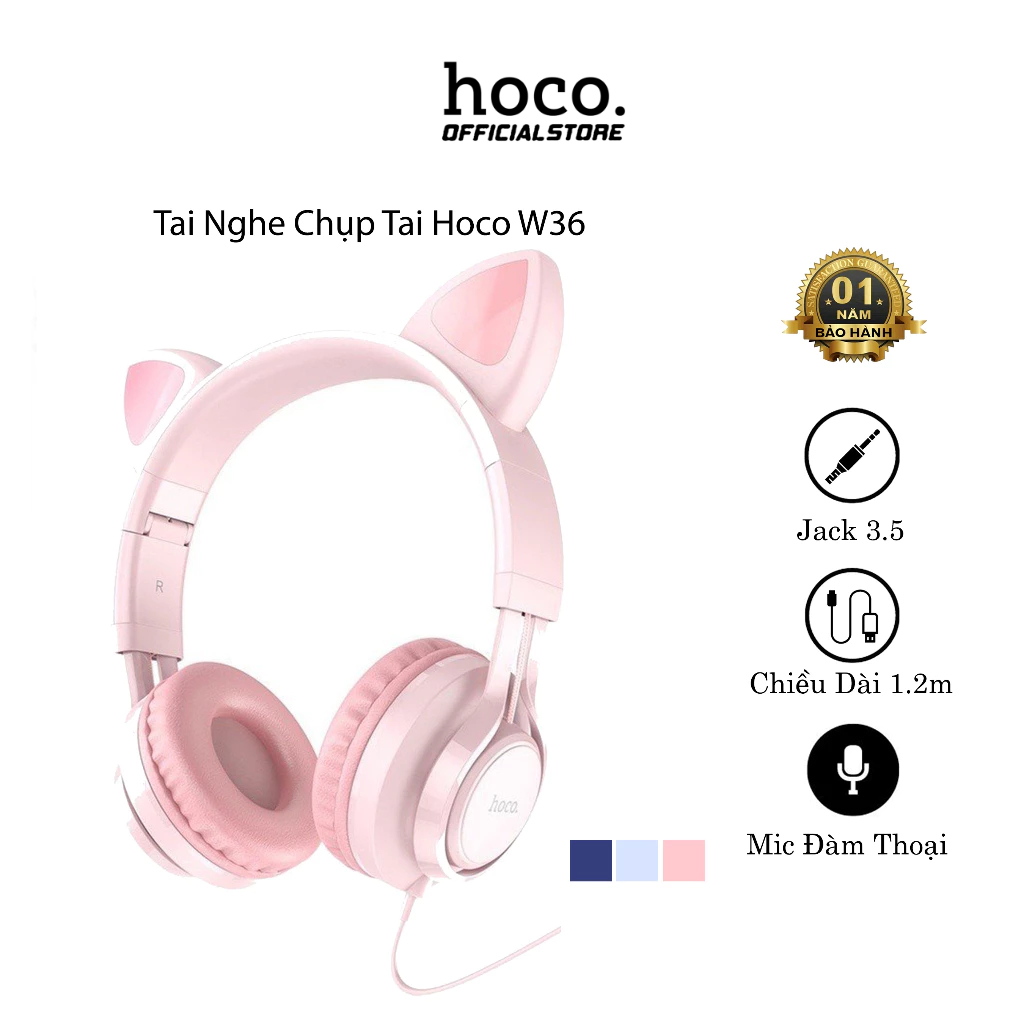 Tai Nghe Chụp Tai Hoco W36, Tích Hợp Micro Đầu Cắm 3.5mm, Micro Đàm Thoại, Hình Tai Mèo Dễ ...