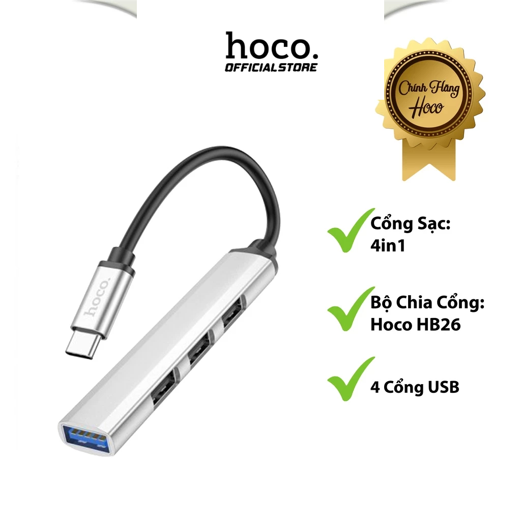 Bộ HUB Chuyển Cổng Hoco HB26 4in1 Type C Sang 4 cổng USB ( USB 3.0/ USB 2.0), Dùng Cho PC ...