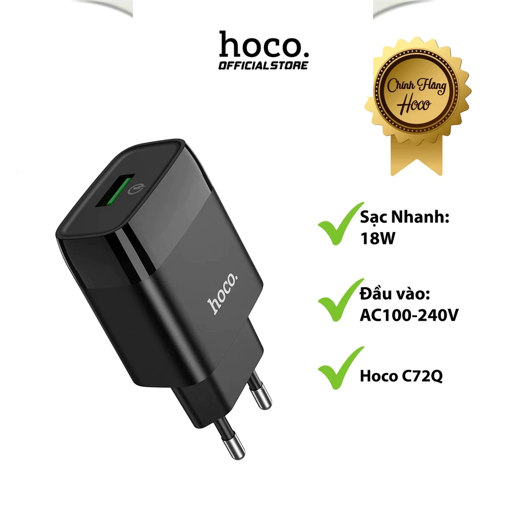 Củ Sạc Nhanh Hoco C72Q, 1 cổng USB Sạc Nhanh 3A, PD 18W, Hỗ Trợ Sạc Cho ...