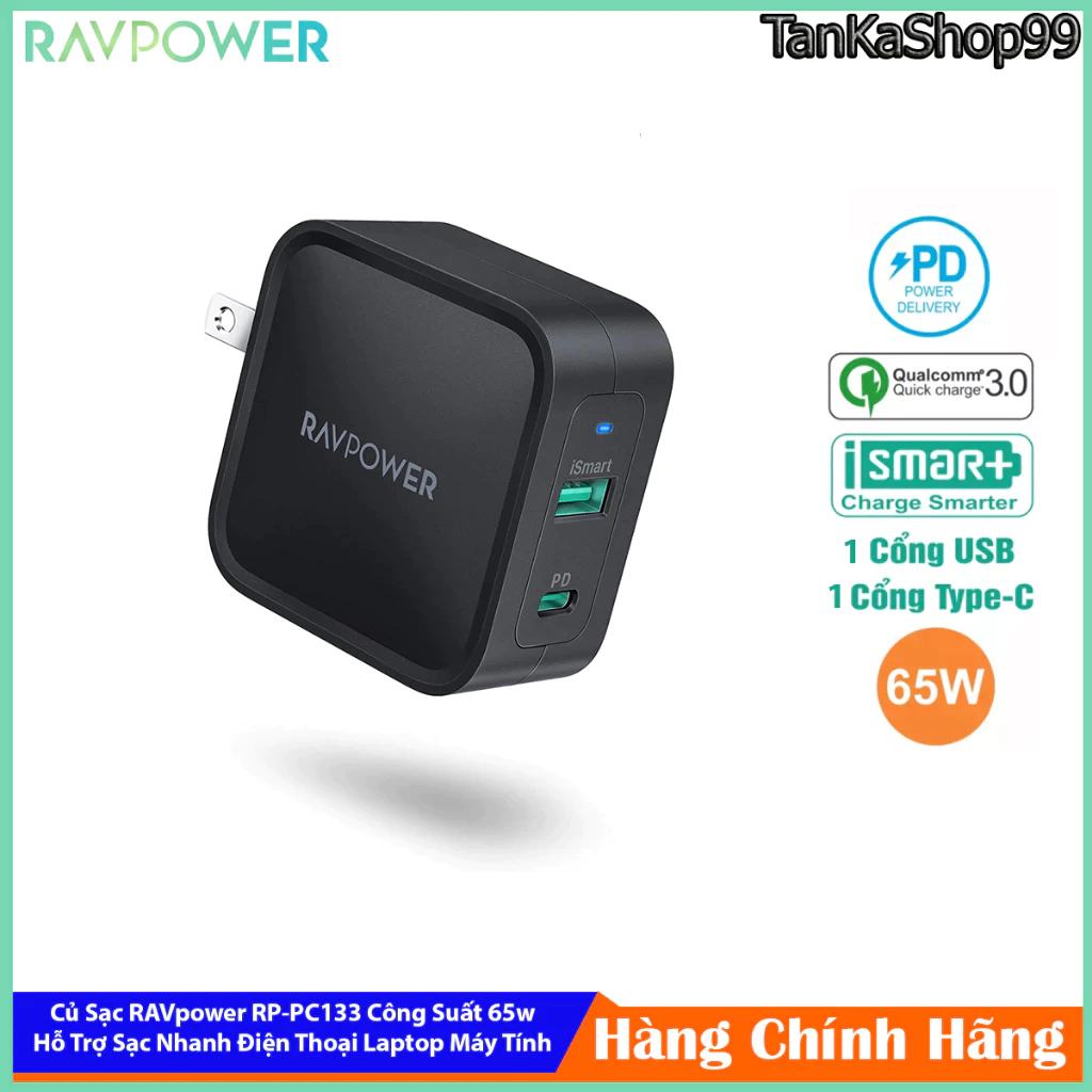 Củ Sạc RAVpower RP- PC133 CPCN002 GaN Tech PD3.0 65W Hỗ Trợ Sạc Nhanh Điện Thoại Máy Tính Laptop ...