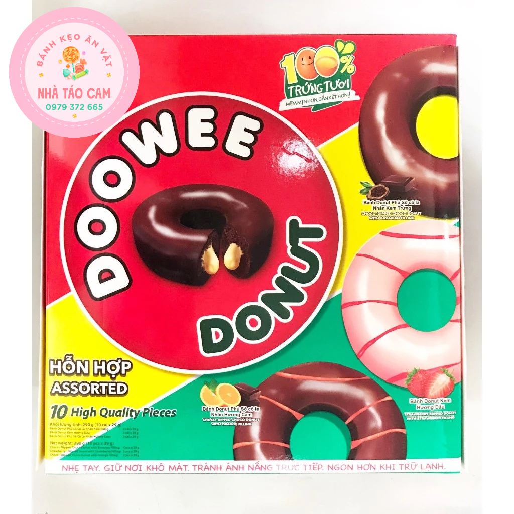 [ Siêu Rẻ ] Hộp 10 Gói Bánh Dowee Donut Socola Nhân Hỗn Hợp Kem/ Dâu ...