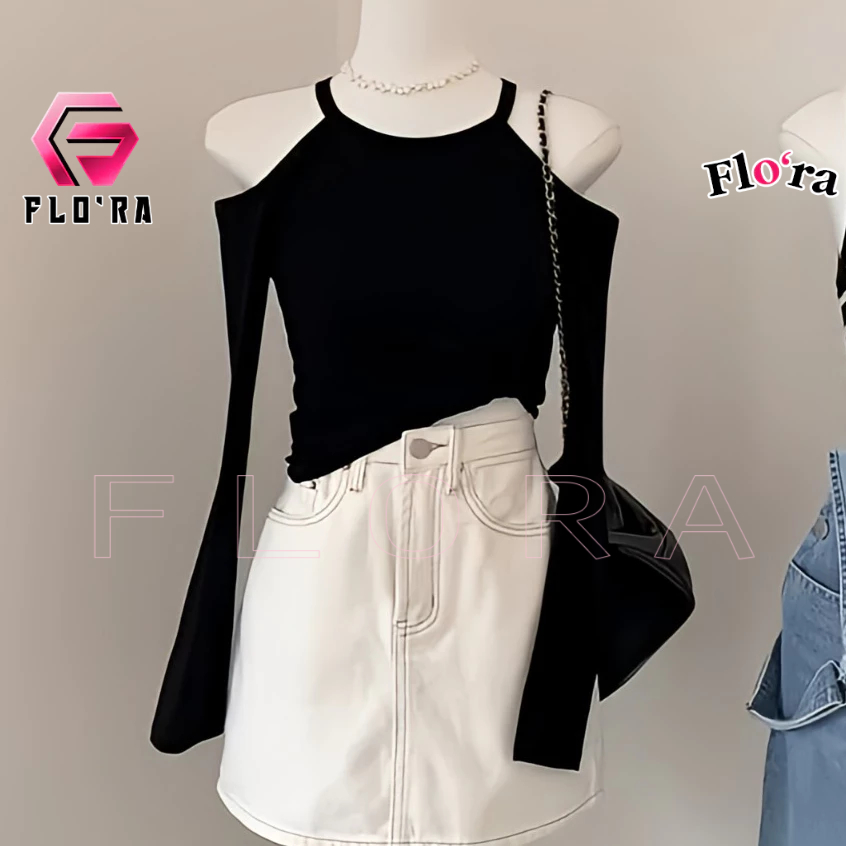 Áo Croptop YẾM TAY DÀI HỞ Chất Gân Ôm Body Nữ, Áo Thun Trễ Vai Dáng Crt Trơn Kiểu Sexy Đẹp Flo ...