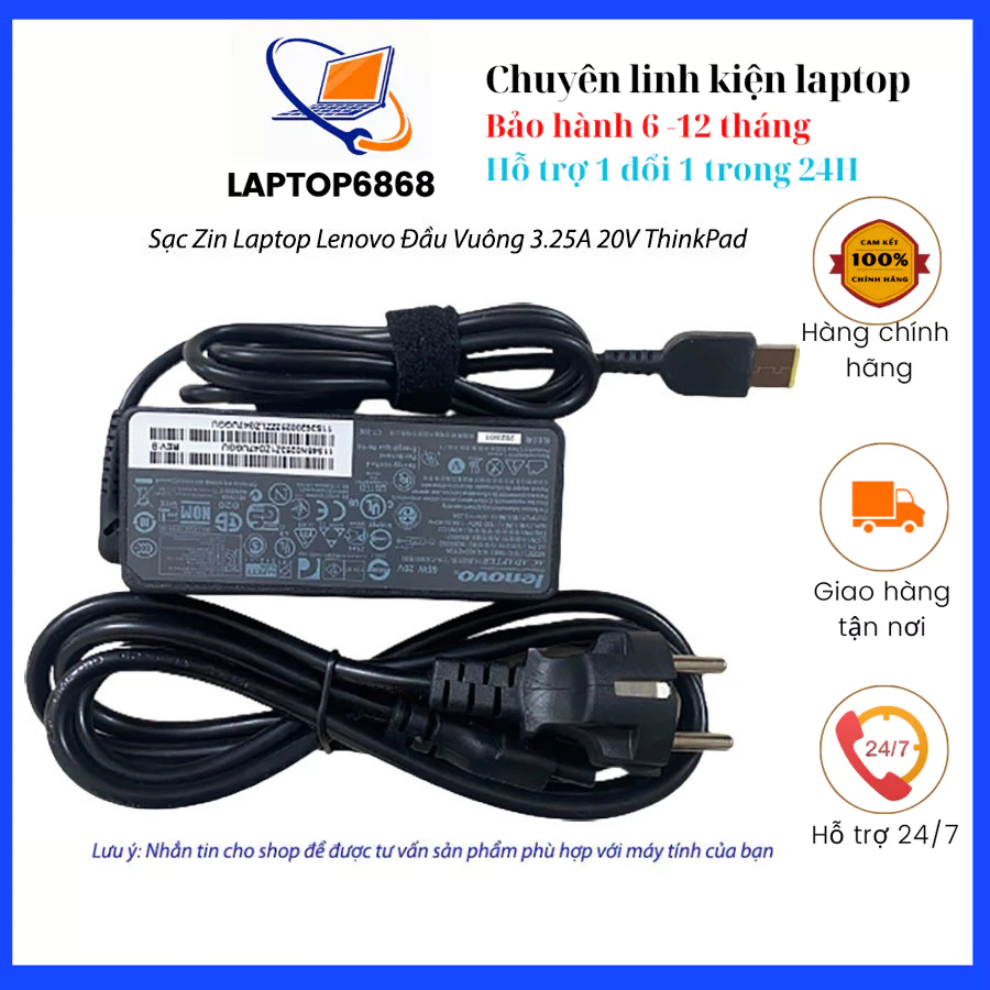 Sạc Zin Laptop Lenovo Đầu Vuông 3.25A 20V ThinkPad E431 E440 E450 E531 E540 E550 E555 E560 T430 ...