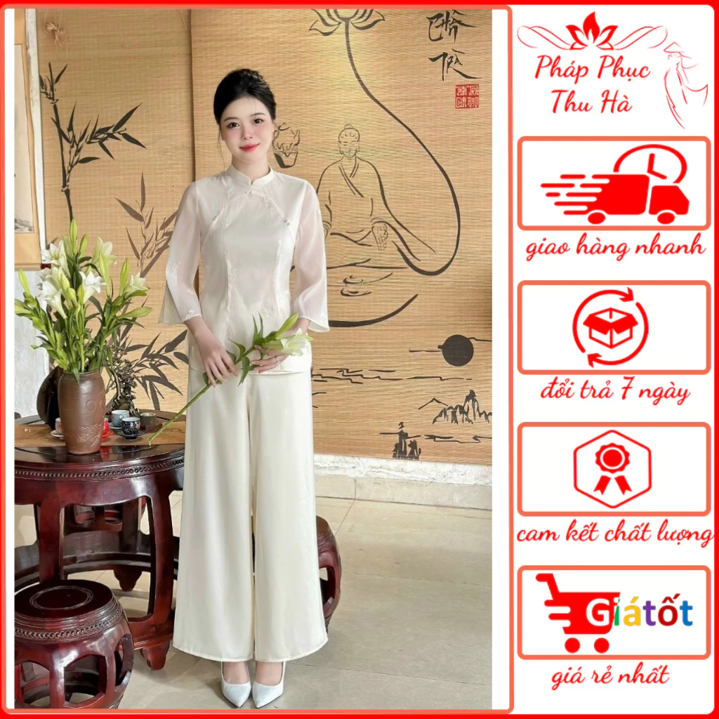 Bộ pháp phục đi chùa 2024 vải tơ thêu cao cấp - Pháp Phục Thu Hà- màu kem - PP05 | Shopee Việt Nam