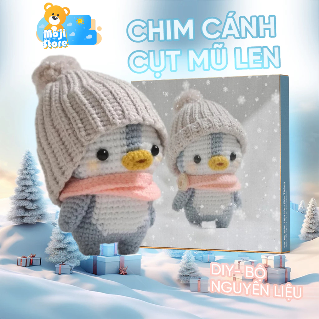 DIY - Set nguyên liệu móc len bé chim cánh cụt mũ len handmade MOJI, đồ ...