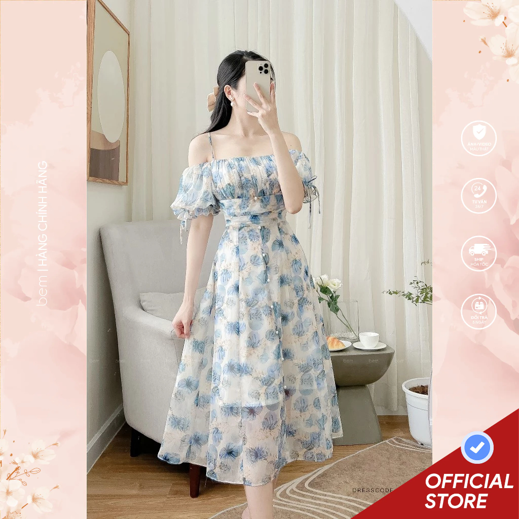 ĐẦM HOA TƠ XƯỚC XANH TAY RỚT VAI NGỰC XẾP LI NỮ TÍNH BEM DESIGN (DR327) | Shopee Việt Nam