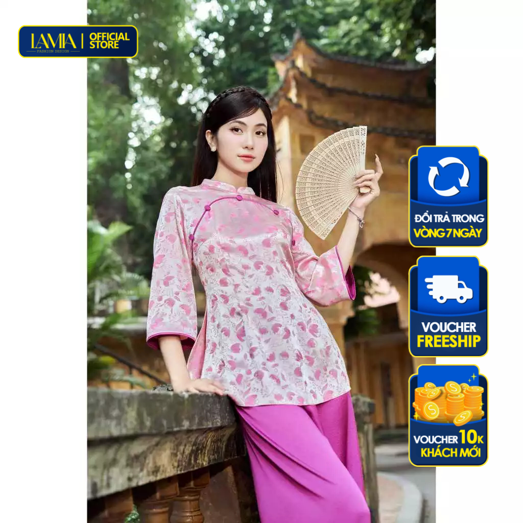Pháp phục Lamia Design PP010 chất liệugấm hoa cao cấp màu sen hồng in ...