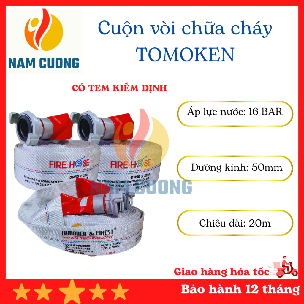 Cuộn vòi chữa cháy TOMOKEN D50 16 BAR 20M kèm khớp nối, cuộn vòi chữa ...