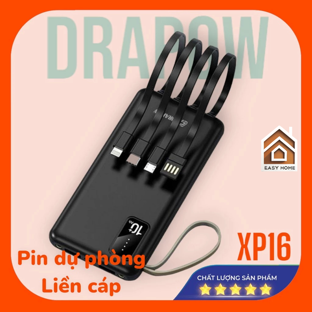 Pin sạc dự phòng 10.000mAh Drapow XP16 có đèn pin, liền 4 dây cáp USB-A ...