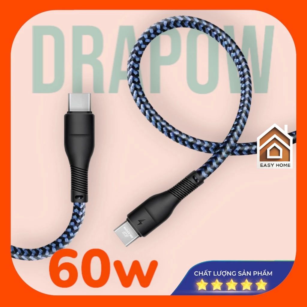 Cáp sạc dây dù C to C 60W , dài 3m , Drapow CZ14 , hỗ trợ sạc PPS, QC ...
