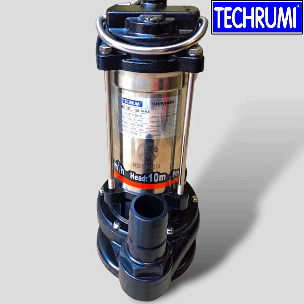 máy bơm nước thả chìm đẩy cao 10m lưu lượng 6 khối/h 0.5hp ống 49 điện 220v QB10-0.5 TECHRUMI ...