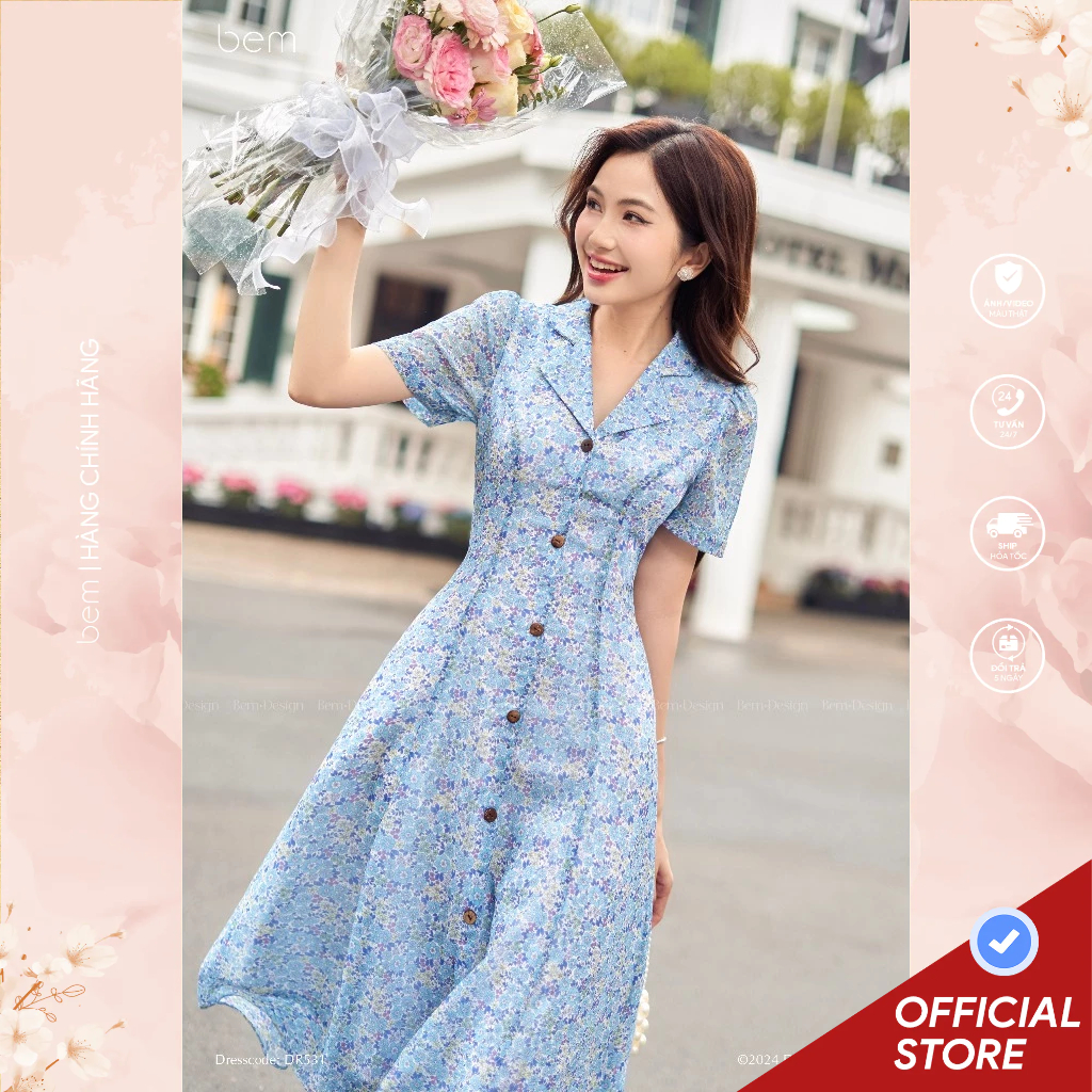 Đầm Hoa Xanh Cổ Danton Nút Gỗ Thanh Lịch Tôn Dáng Bem Design (DR531 ...