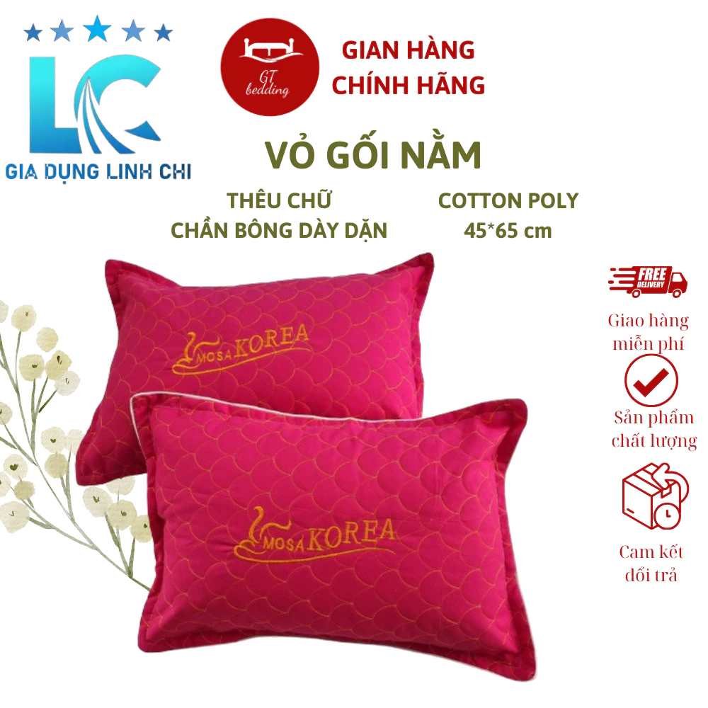 Vỏ gối cotton poly thêu chần bông dầy dặn loại 1, gối nằm người lớn kt ...